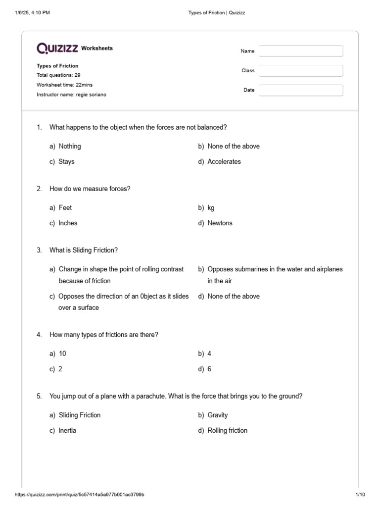 Types of Friction Worksheet | PDF | Friction | Force