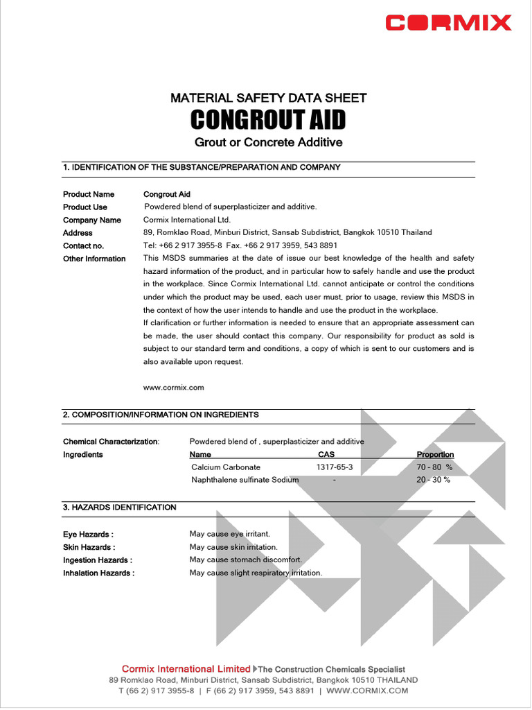 MSDS-EN-Congrout Aid Feb10 - N FM | PDF | Firefighting | Toxicity