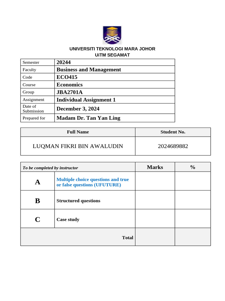 ECO415 20244 Individual Assignment-Cover Sheet Luqman Fikri 1 | PDF