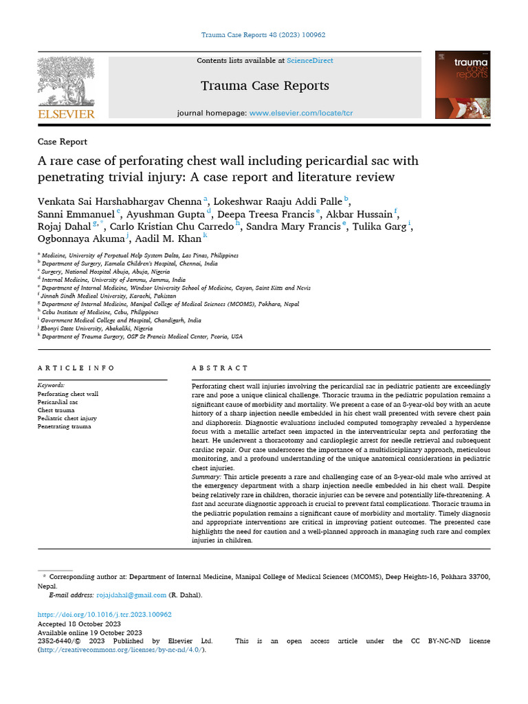 A rare case of perforating chest wall including pericardial sac with ...