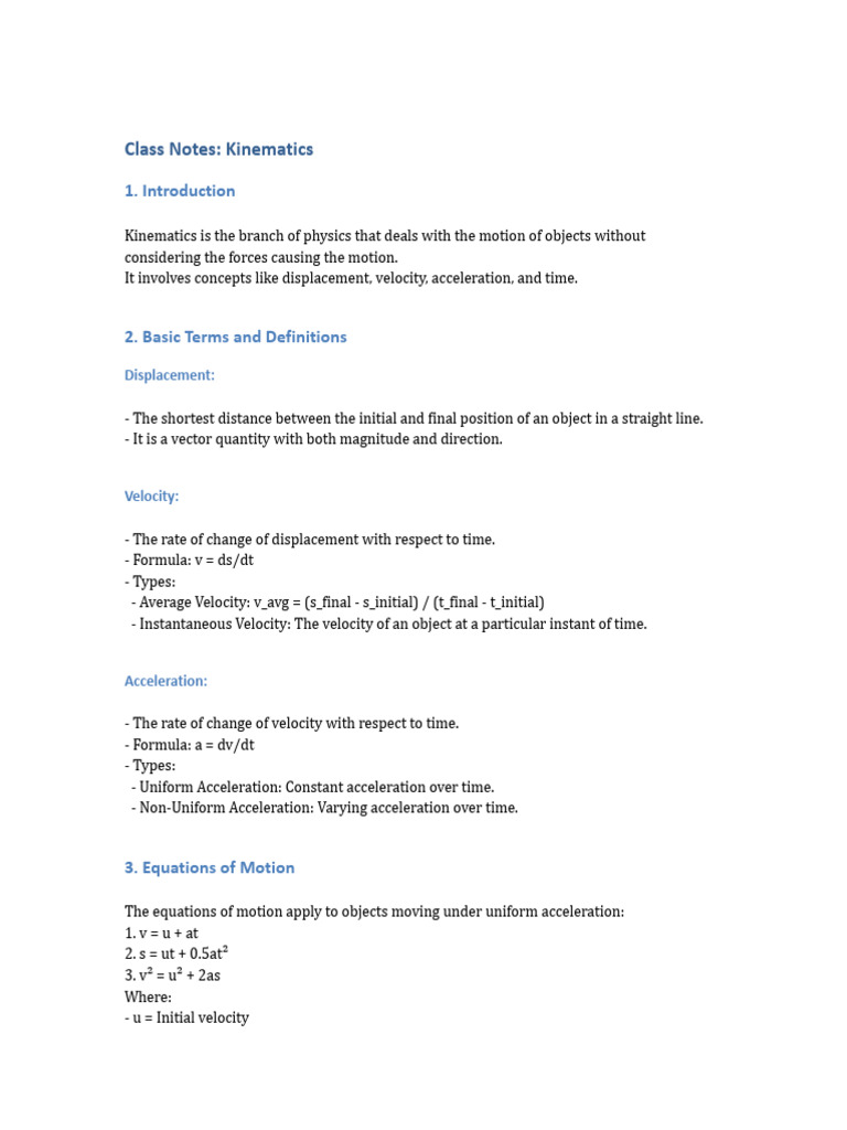 Kinematics Class Notes Overview | PDF