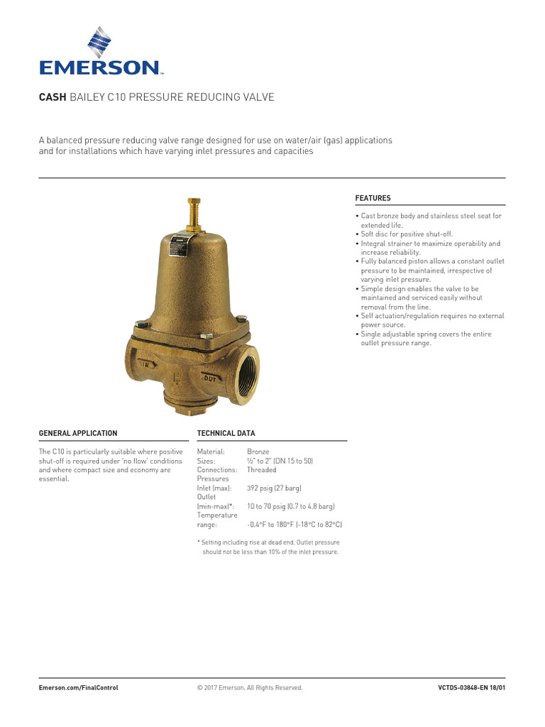 Cash Bailey Type C10 Direct Acting Reducing Valves (VCTDS-03848-En) | PDF | Valve | Gases