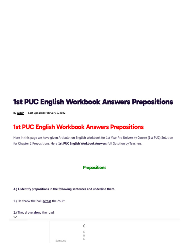 1st PUC English Workbook Answers Prepositions | PDF