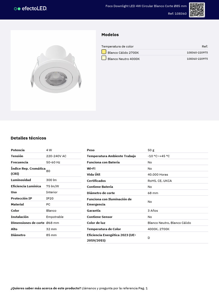 Foco Downlight LED 4W Circular Blanco Corte Ø85 MM | PDF | Diodo emisor ...