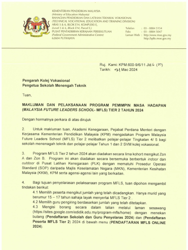 S Makluman Dan Pelaksanaan Program Pemimpin Masa Hadapan (Malaysia Future Leaders School-Mfls ...