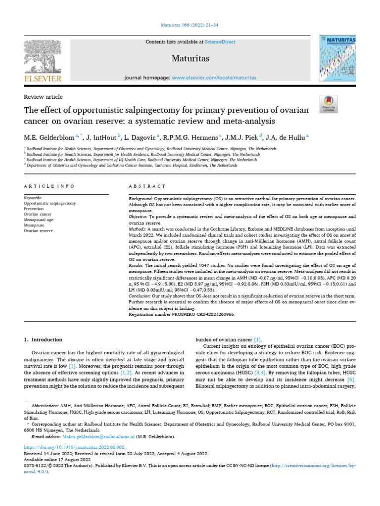 Impact of Salpingectomy on Ovarian Reserve | PDF | Menopause | Ovarian ...