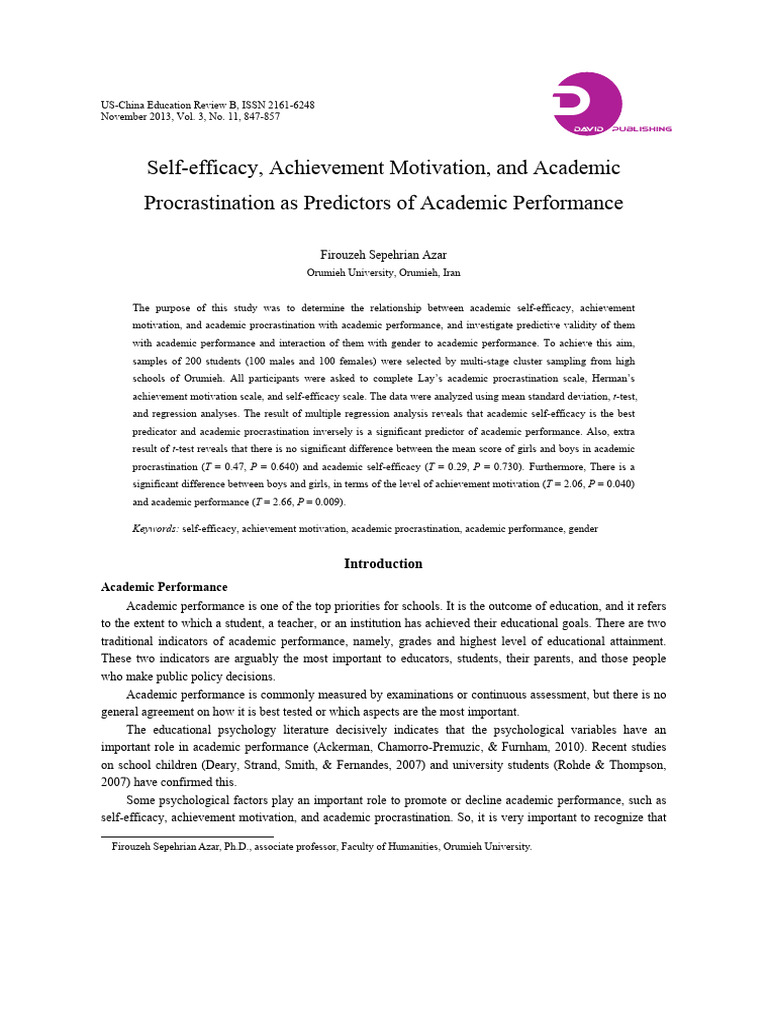 Self-Efficacy, Achievement Motivation, and Academic Procrastination As Predictors of Academic ...