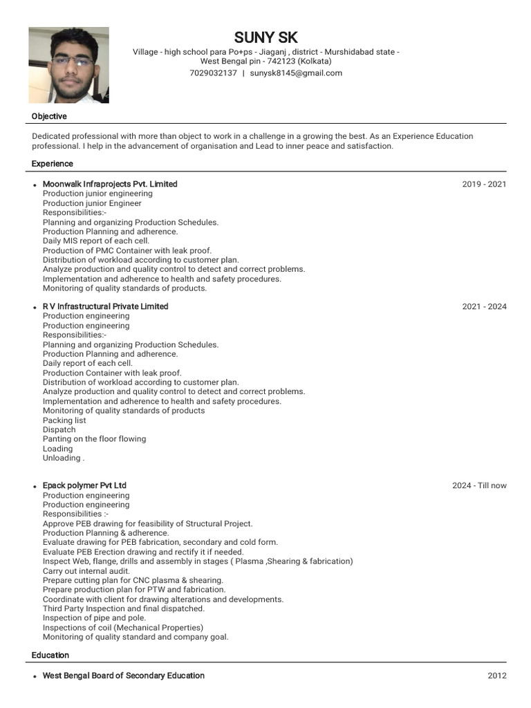 Suny SK Resume Production Engineer | PDF