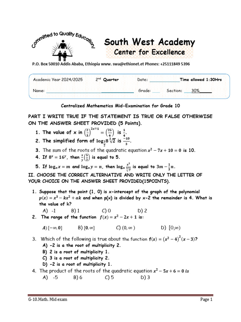 2017, Q2. G-10.math Mid Exam. | PDF | Square Root | Zero Of A Function