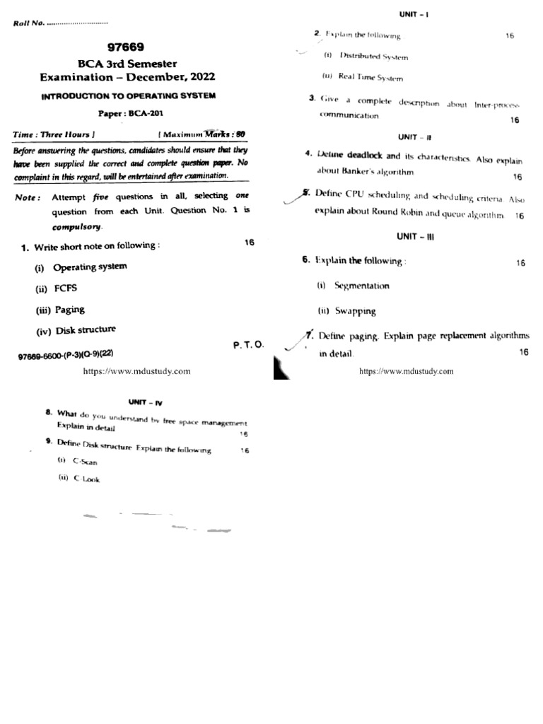 Bca 3 Sem Introduction To Operating System 97669 Dec 2022 | PDF