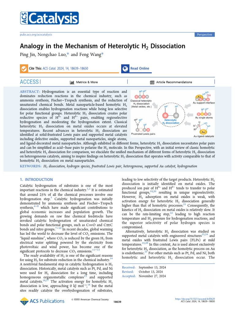 Jin Et Al 2024 Analogy in The Mechanism of Heterolytic h2 Dissociation ...