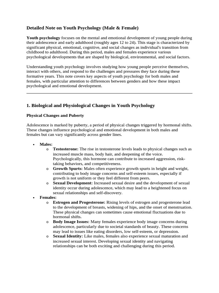 Detailed Note On Youth Psychology | PDF | Adolescence | Puberty