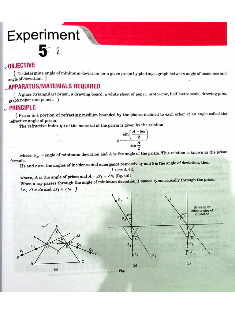 Exp. No. 8 ( Angle of minimum deviation for glass prism) | PDF