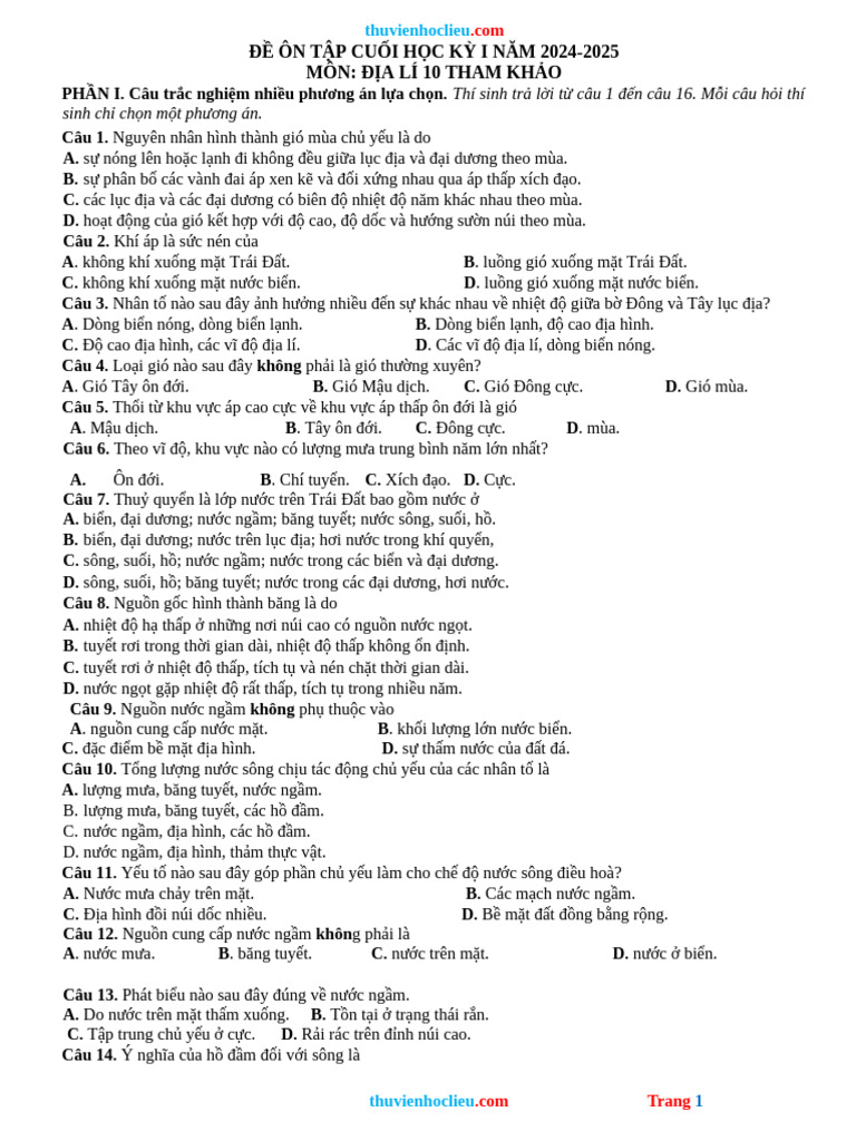 Thuvienhoclieu.com de on Tap HK1 Dia 10 Canh Dieu 24 25 | PDF