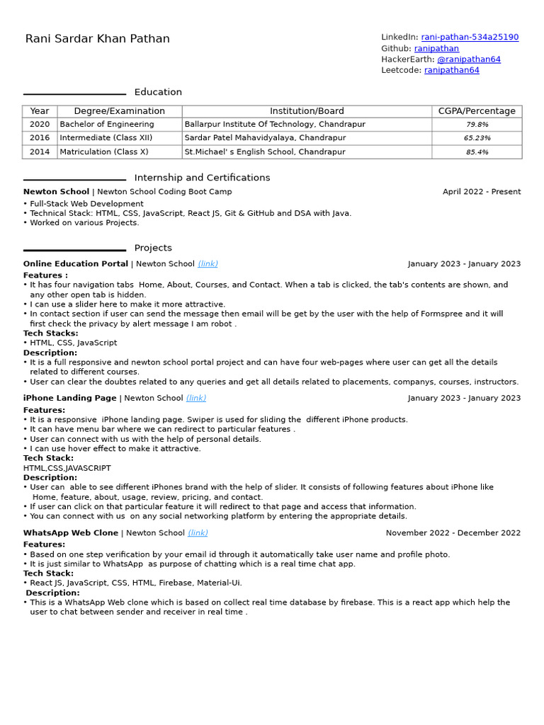 Resume-RANI Sardar Khan Pathan (1) | PDF | Java Script | Mobile App