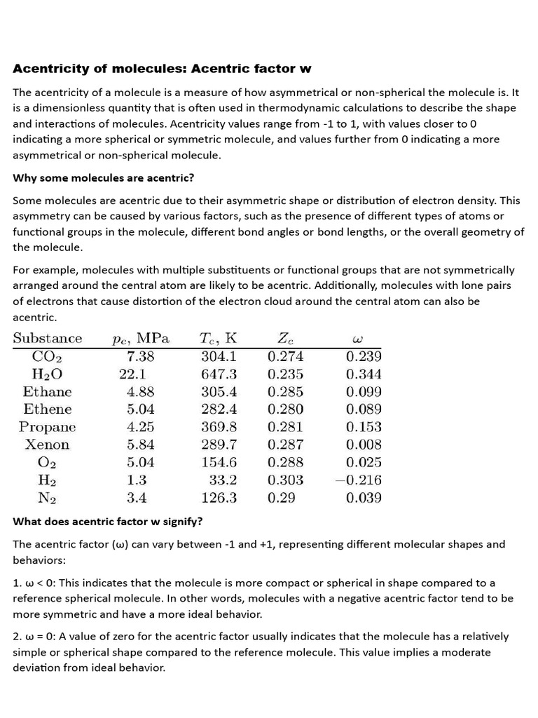 Acentricity of Molecules - Acentric Factor W | PDF | Gases | Molecules
