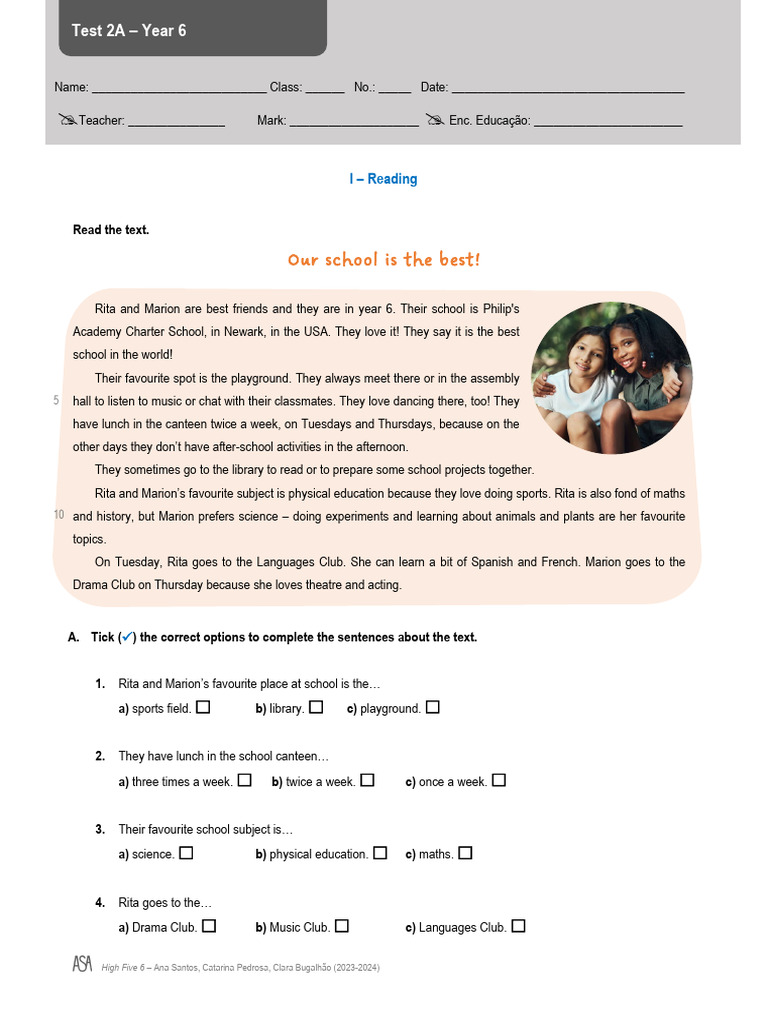 Year6 Test 2 A B C 2023 2024 | PDF | English Language | Linguistics