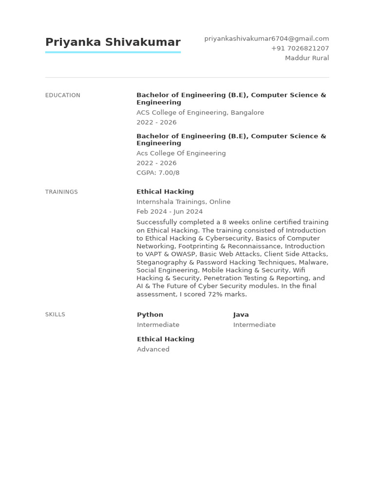 Priyanka Shivakumar: Engineering & Hacking Skills | PDF