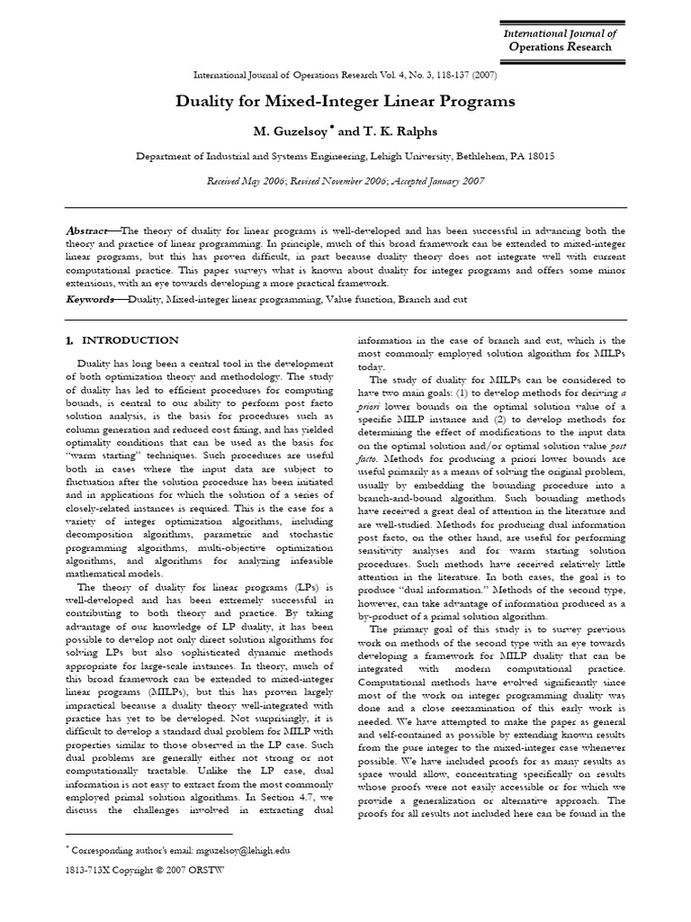 Duality For Mixed Integer Linear Program | PDF | Linear Programming | Theoretical Computer Science