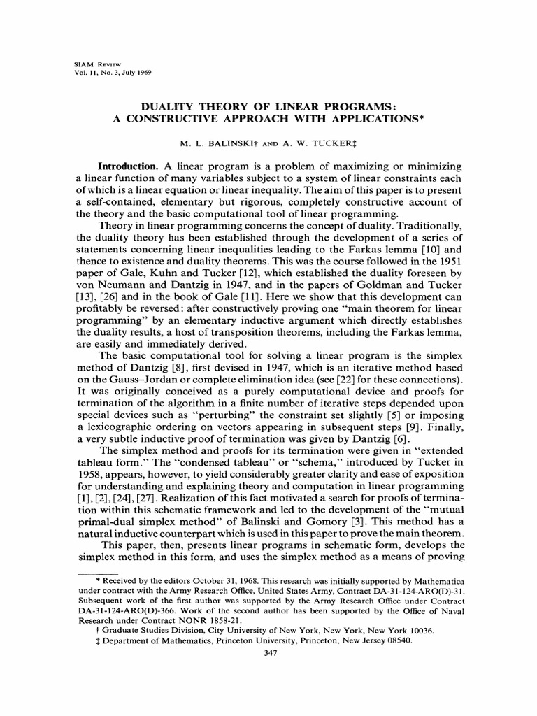 Linear A Constructive With Tucker:I: A: Siam Review Vol. 3, July 1969 | PDF | Linear Programming ...