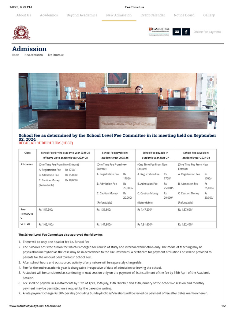 SMS Vidyalaya Fee Structure 2025-26 | PDF | Payments | Fee