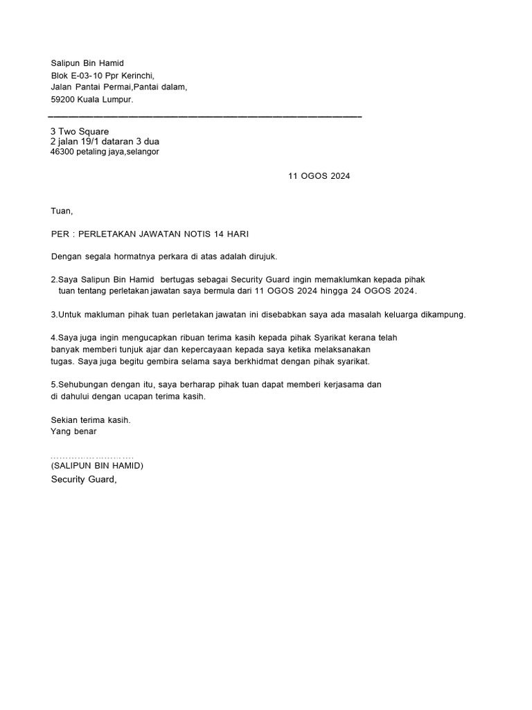 Copy Contoh Surat Berhenti Kerja Hotel Dengan Notis Sebulan 2 - 3 | PDF