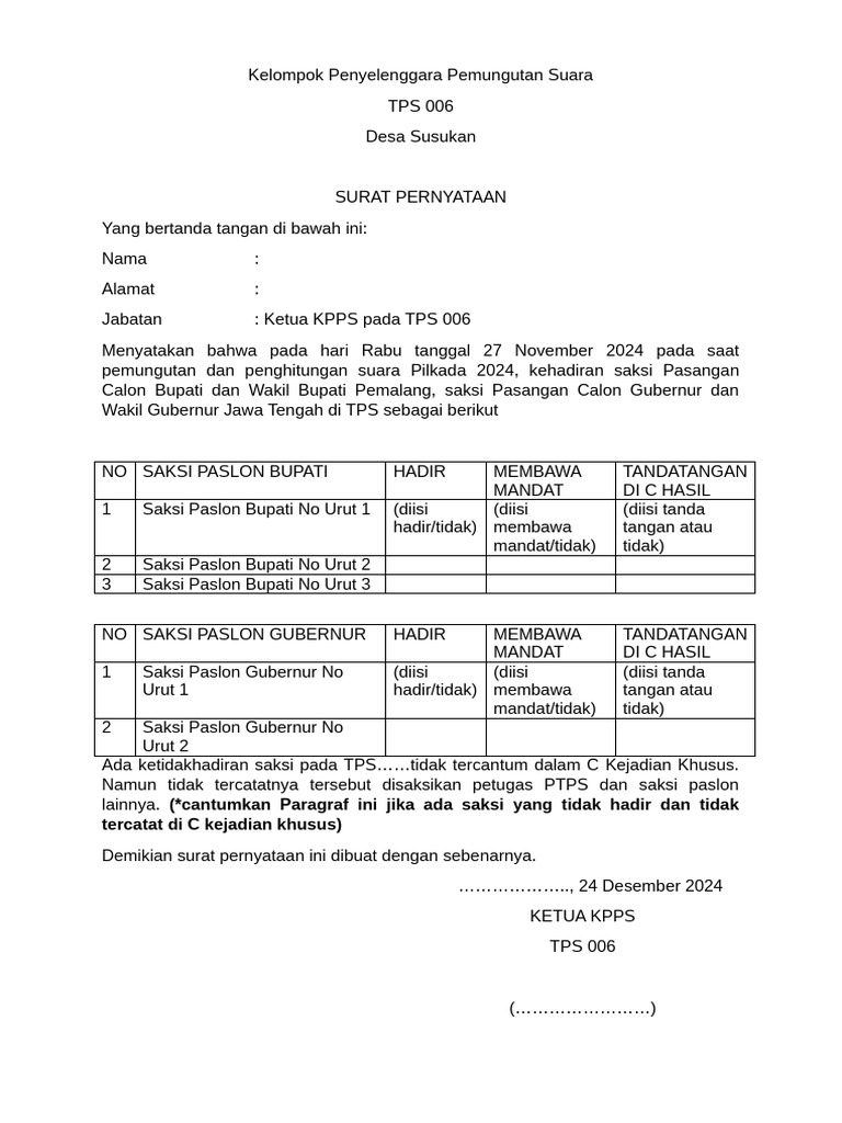 Surat Pernyataan KPPS TPS 006 | PDF