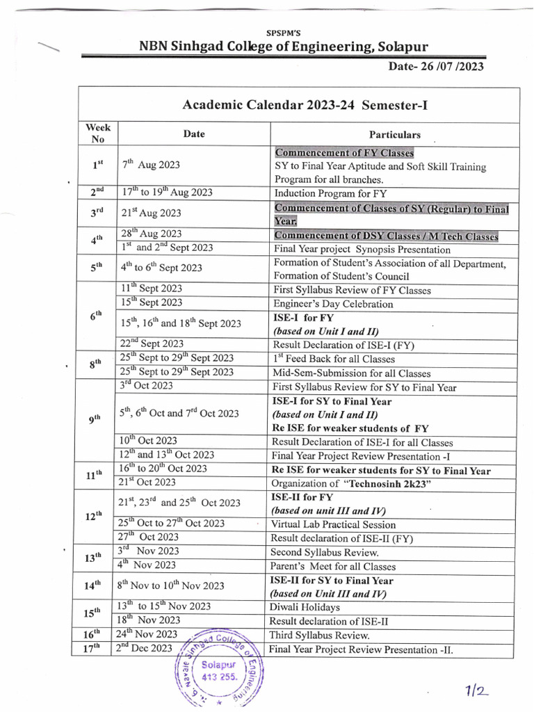 Academic Calendar 2023 24 Semester I DT 26-07-2023 | PDF