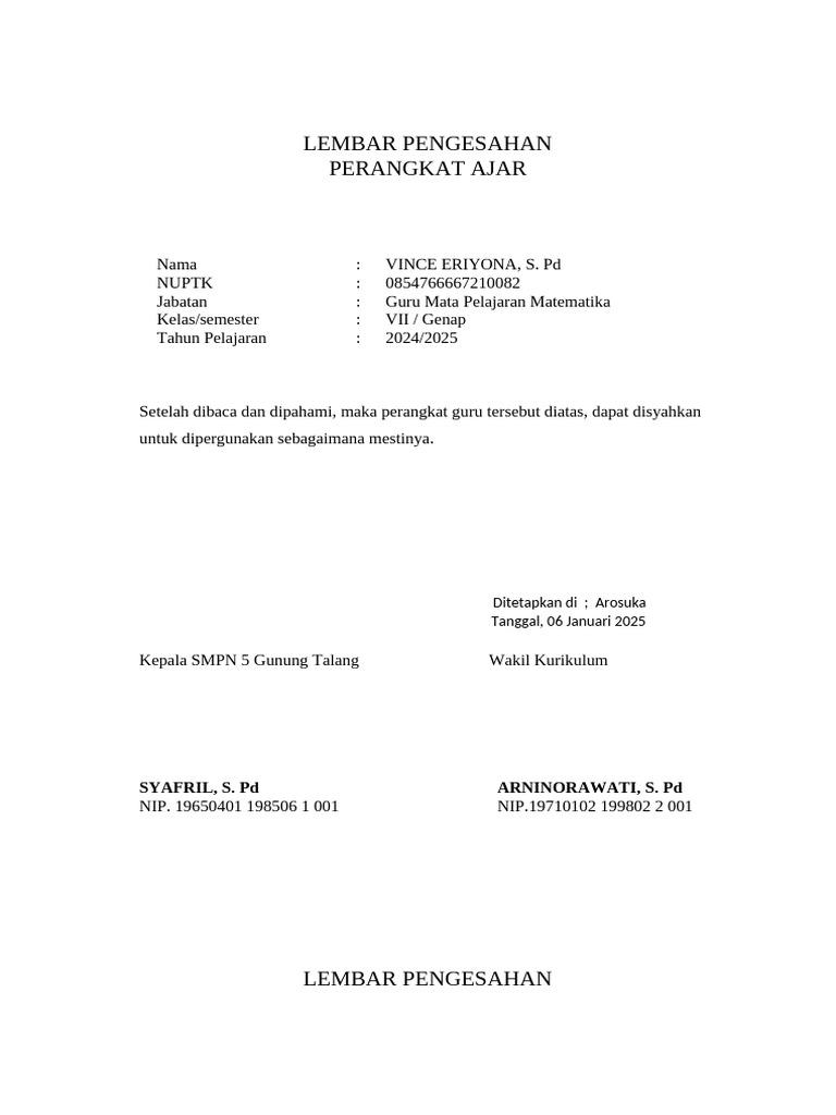 LEMBAR PENGESAHAN PERANGKAT AJAR | PDF