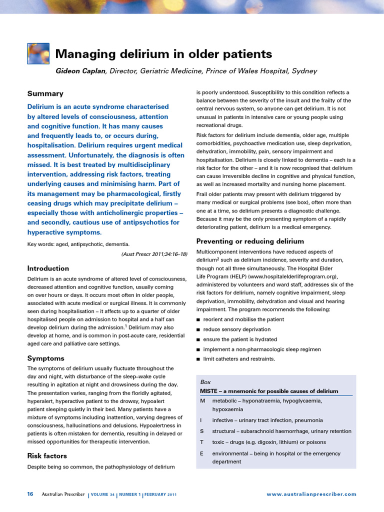 Managing Delirium in Older Patients | PDF | Antipsychotic | Dementia