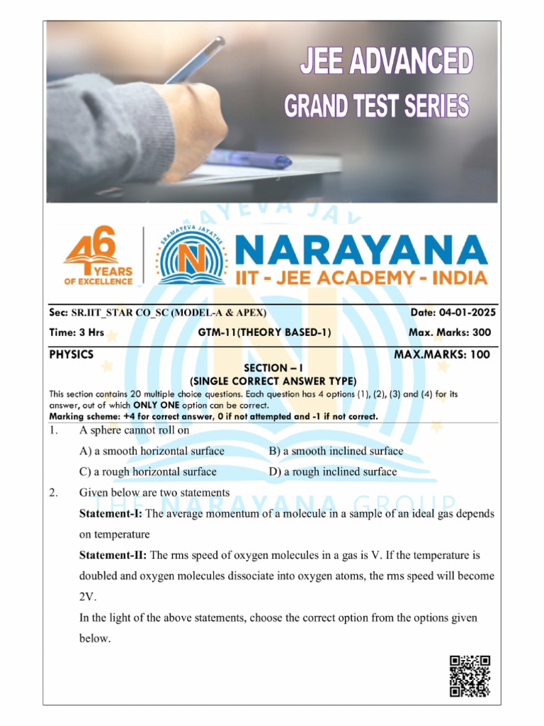 04-01-2025 SR - Star Co-Sc (Model-A& Apex) Jee Main Gtm-11 (Tbt-1) QP Final | PDF