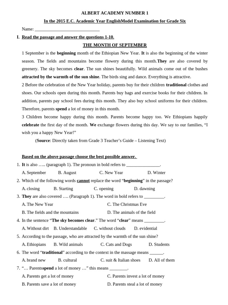 Grade 6 English Model Exam 2015 E.C. | PDF | Grammar | Language Mechanics