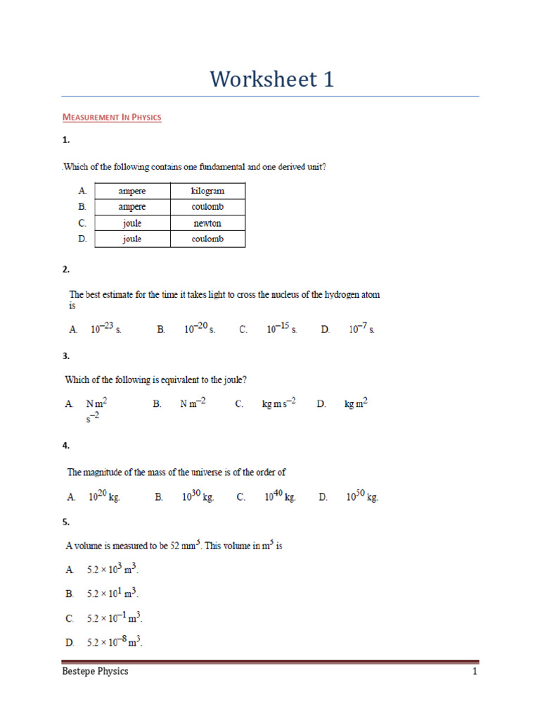 Worksheet For Measurement in Physics | PDF