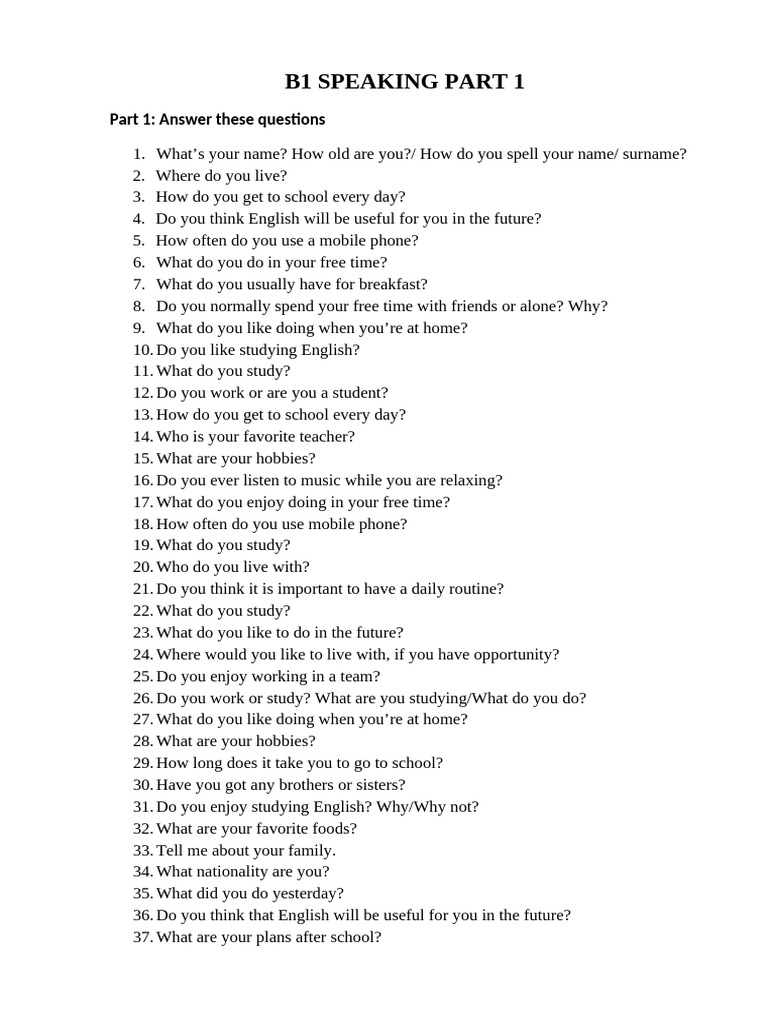 B1 SPEAKING PART 1 (1) | PDF