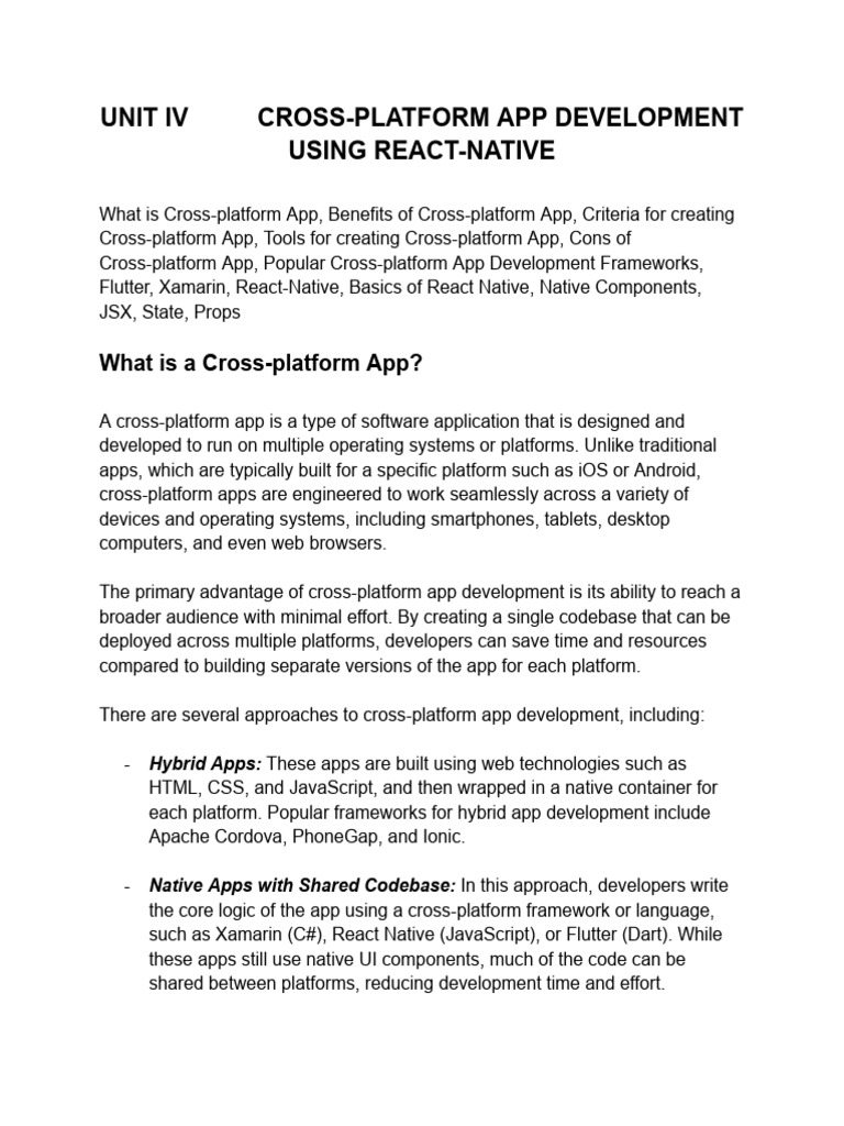 Unit 4 Cross Platform App Development Using React Native 2 Pdf Mobile App Cross
