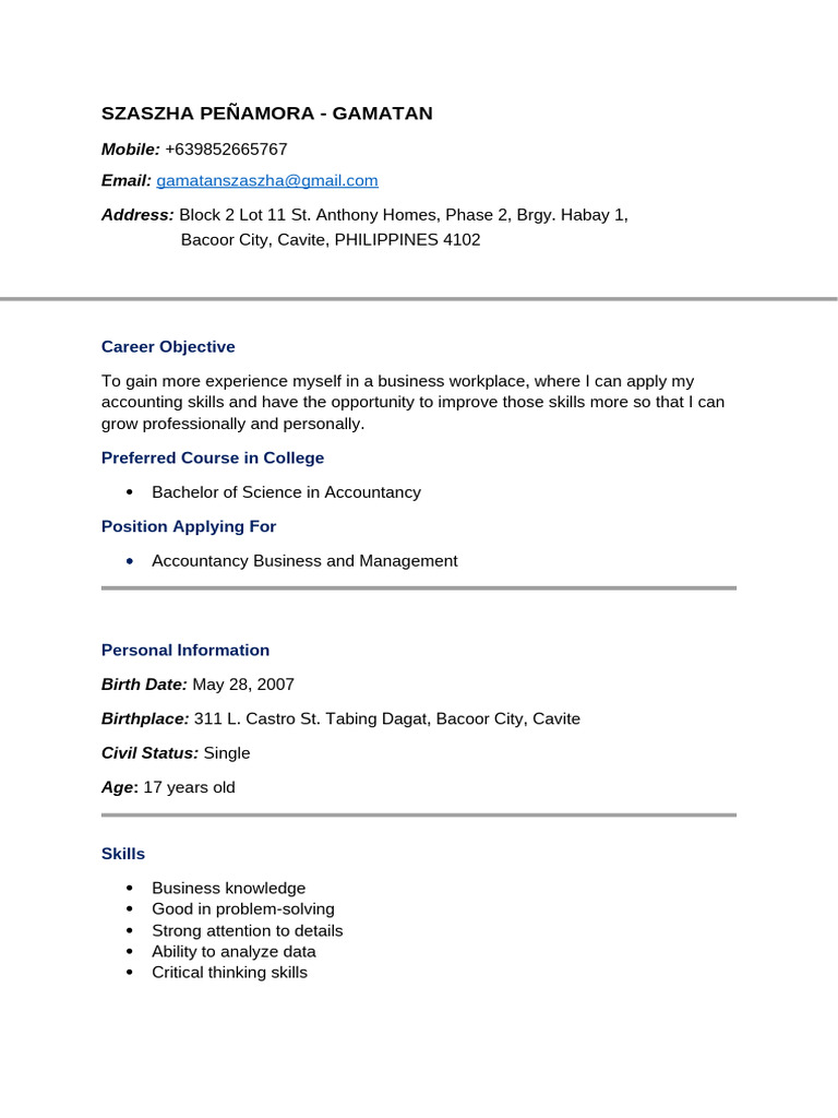 Resume Template Work Immersion and Mock Interview | PDF
