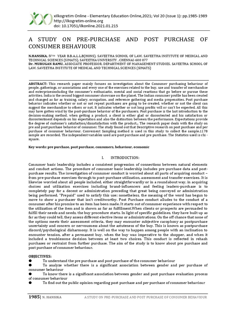 Consumer Behavior: Pre & Post Purchase Analysis | PDF | Hypothesis ...