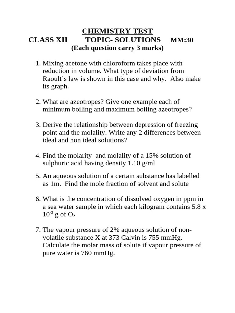 Class XII Chemistry Solutions Test | PDF