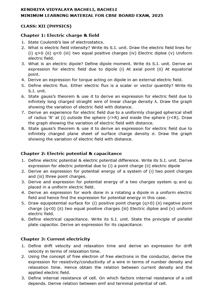Minimum Learning Material For Class 12 Physics | PDF | P–N Junction ...
