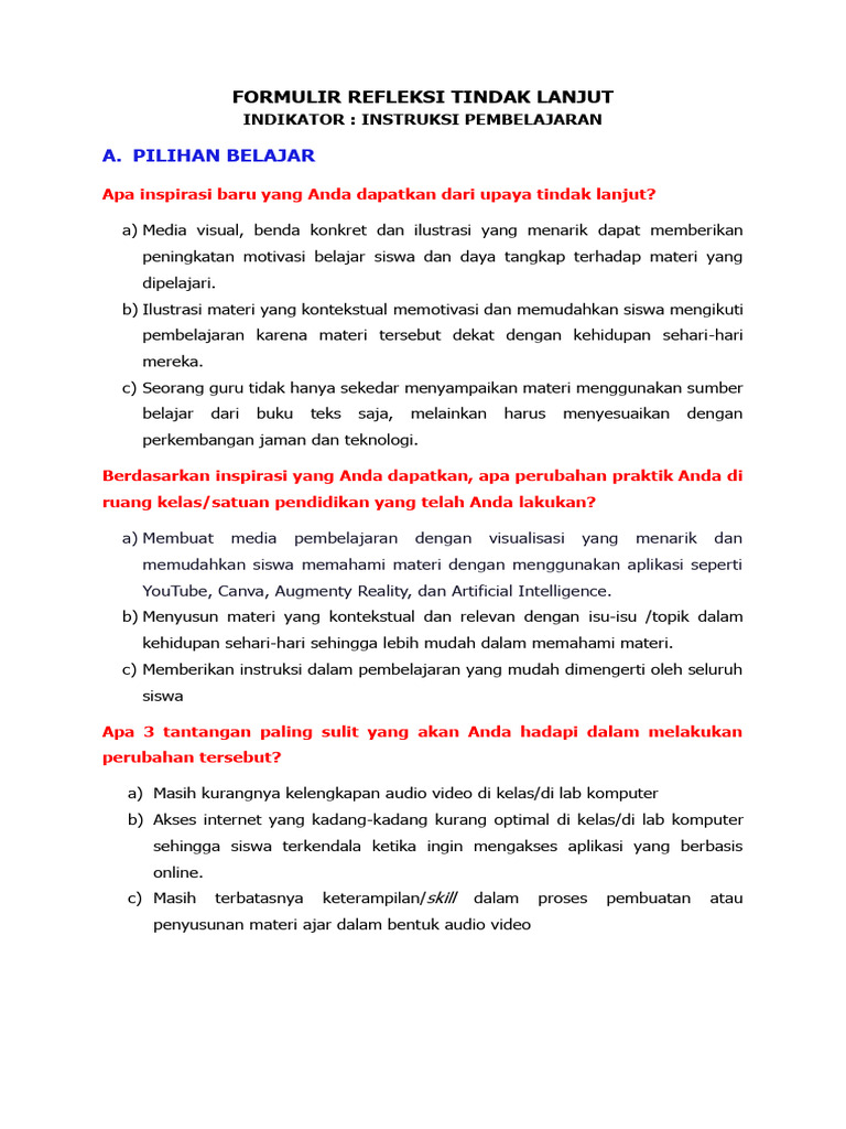 Instruksi Pembelajaran-Formulir Refleksi Tindak Lanjut | PDF
