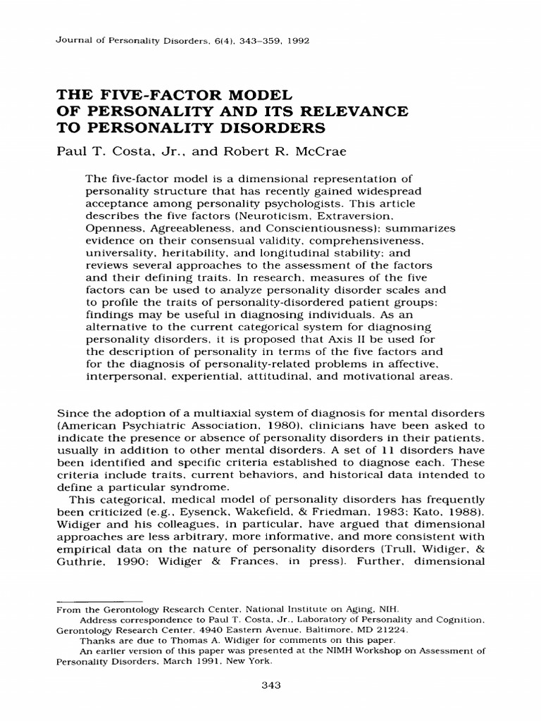 Five Factor Model - Costa1992 - Personality Disorders | PDF ...