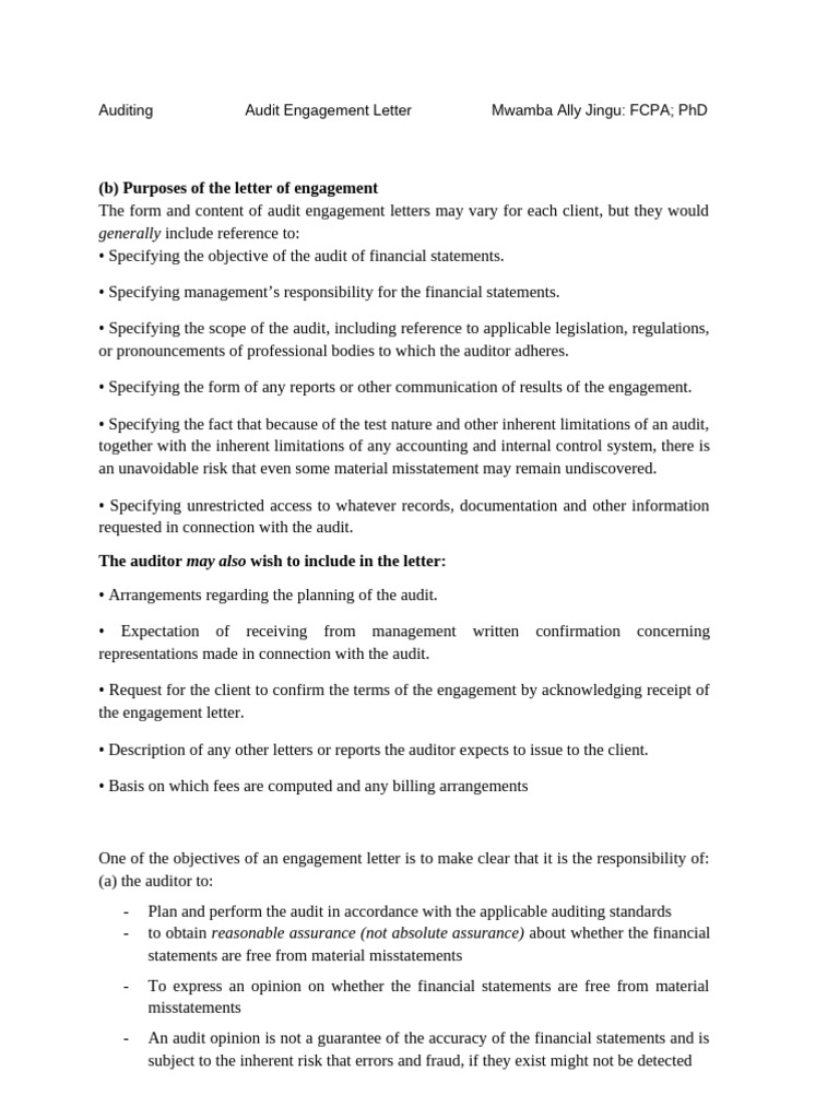 Audit Engagement Letter Essentials | PDF | Audit | Business