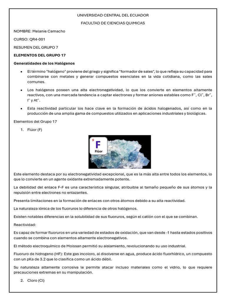 Melanie Camacho - Resumen 7 | PDF | Cloro | Compuestos químicos