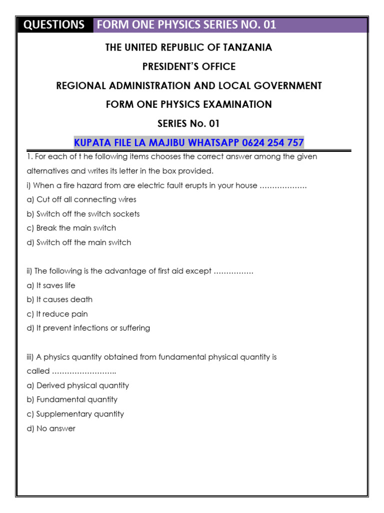 Form One Physics Examination Questions | PDF | Force | Density