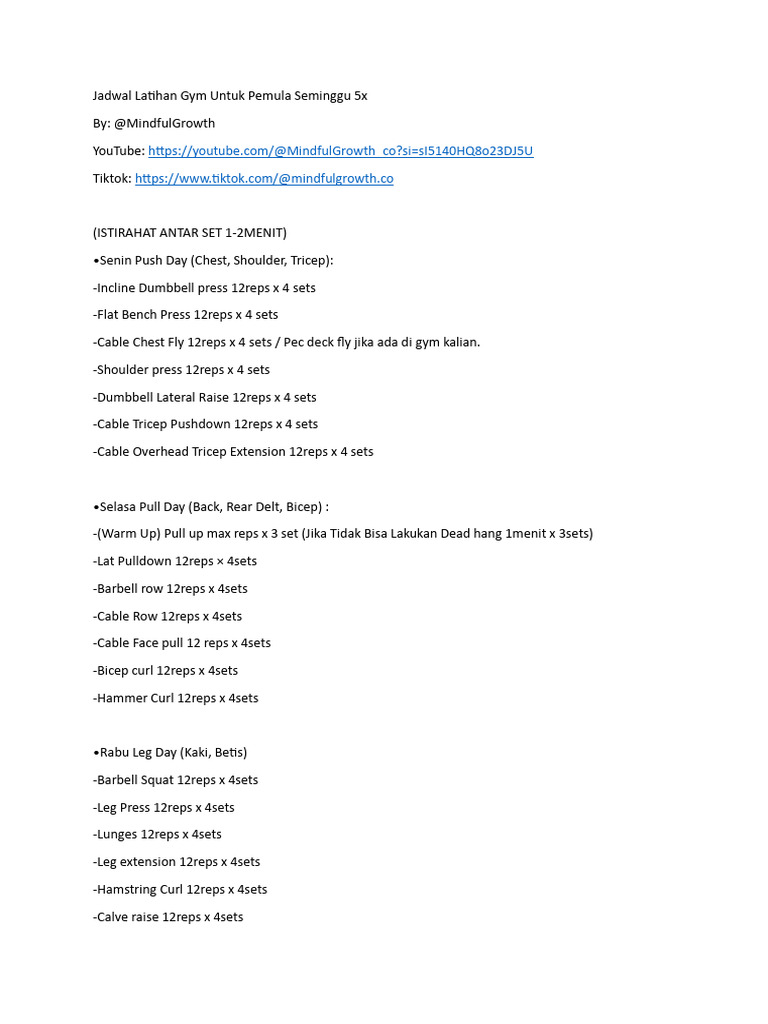 Jadwal Gym Pemula 5x Seminggu | PDF
