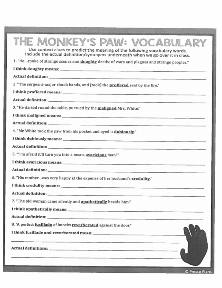 Monkey's Paw Vocabulary | PDF