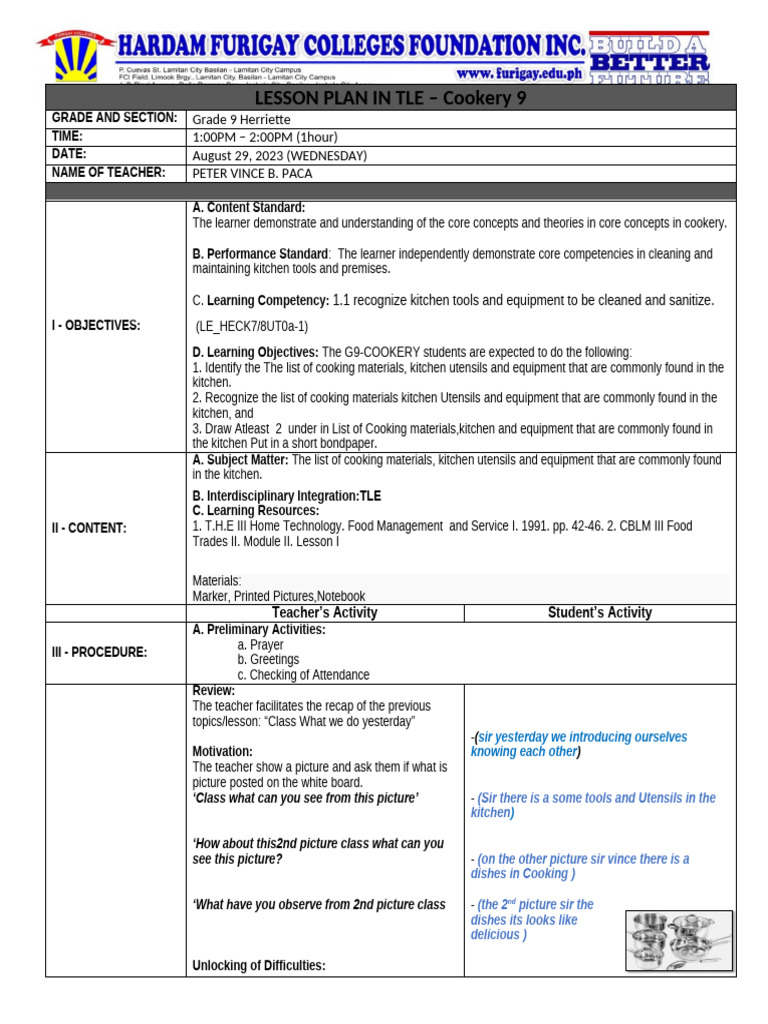 HFCI Lesson Plan TLE 9 Cookery August 29, 2023 Official2 | PDF ...
