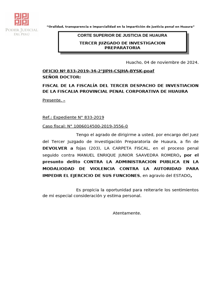 Oficio de Devolucion A Fiscalia | PDF