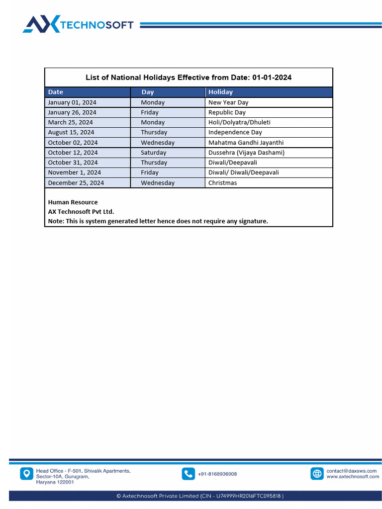 National Holidays 2024 for AX Technosoft | PDF