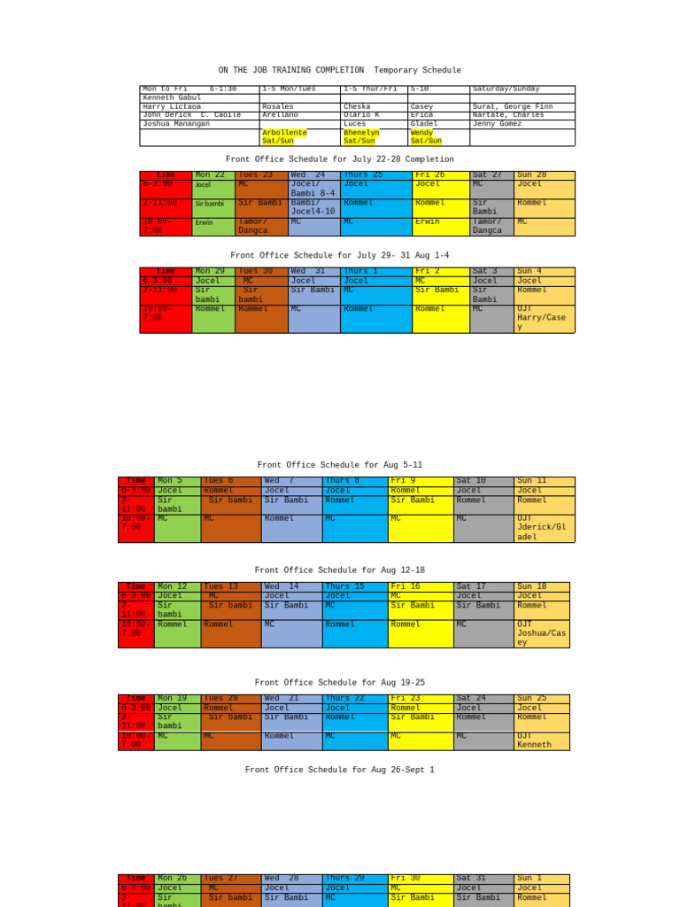 Front Office OJT Schedule July-Sept | PDF